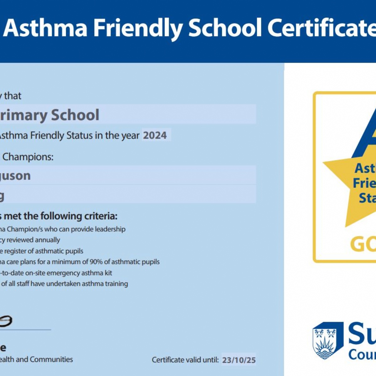 Bacton Primary School - Asthma Friendly School Certificate - Gold!